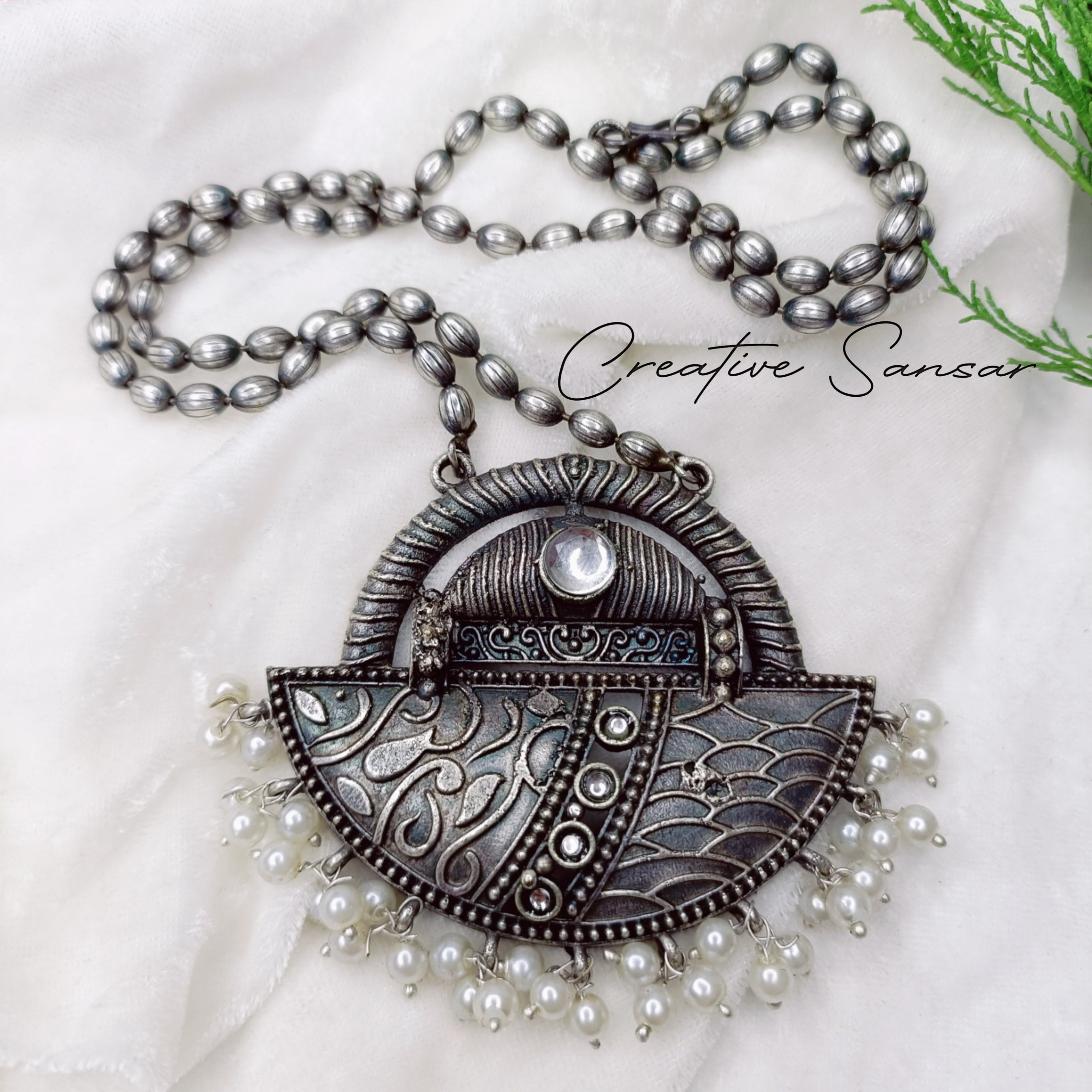 Silver Oxidised Lookalike Silver Sun Motif Floral Artwork Brass Neckla – Creative Sansar